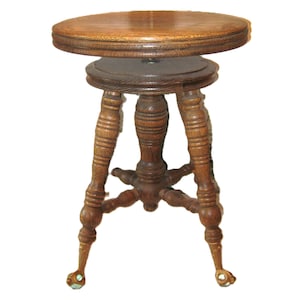 Antique Oak Wood Piano Stool, Rotating Spinning Seat, Glass Ball Feet ...