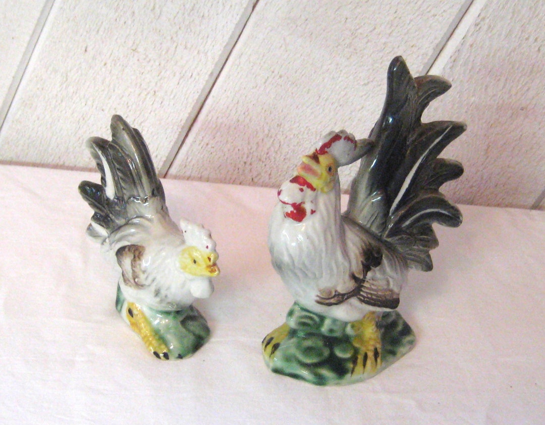 Antique Ceramic Rooster Figurines, Pair of Rustic Chicken Hen Statues ...