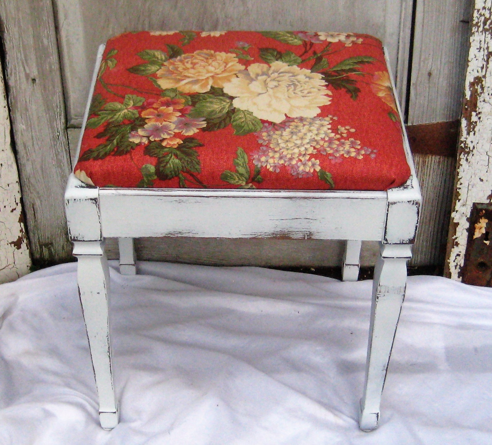 Antique Piano Bench, Storage Bench, White Distressed Bench, Coral Ivory ...