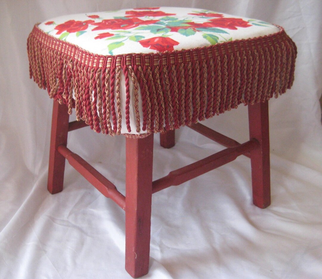 Red Foot Stool With Red Roses and Fringe, Upholstered Stool, Vintage ...