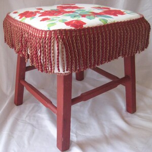 Red Foot Stool With Red Roses and Fringe, Upholstered Stool, Vintage ...