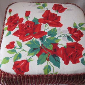 Red Foot Stool With Red Roses and Fringe, Upholstered Stool, Vintage ...