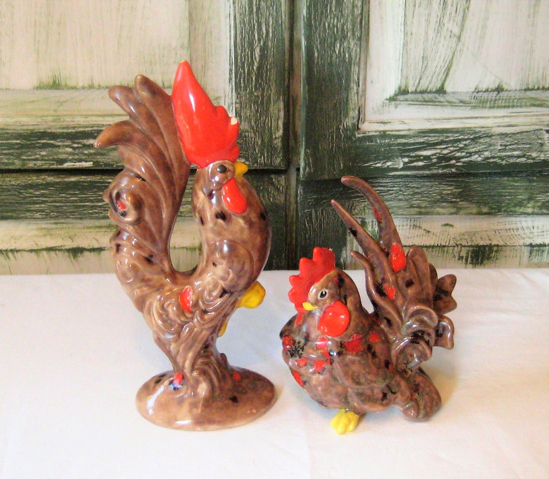 Pair of Vintage Roosters, Tall, Speckled Splatter Ware Brown Orange ...