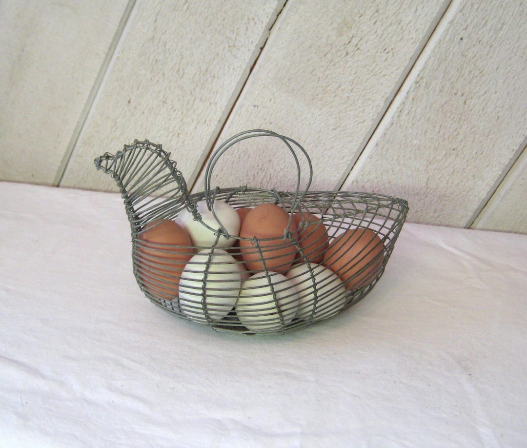 Vintage Wire Chicken Basket, Collection of White Brown Ceramic Eggs ...