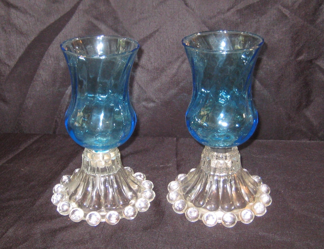 Antique Votive Candleholder, Pair of Ornate Turquoise Blue Clear Glass ...