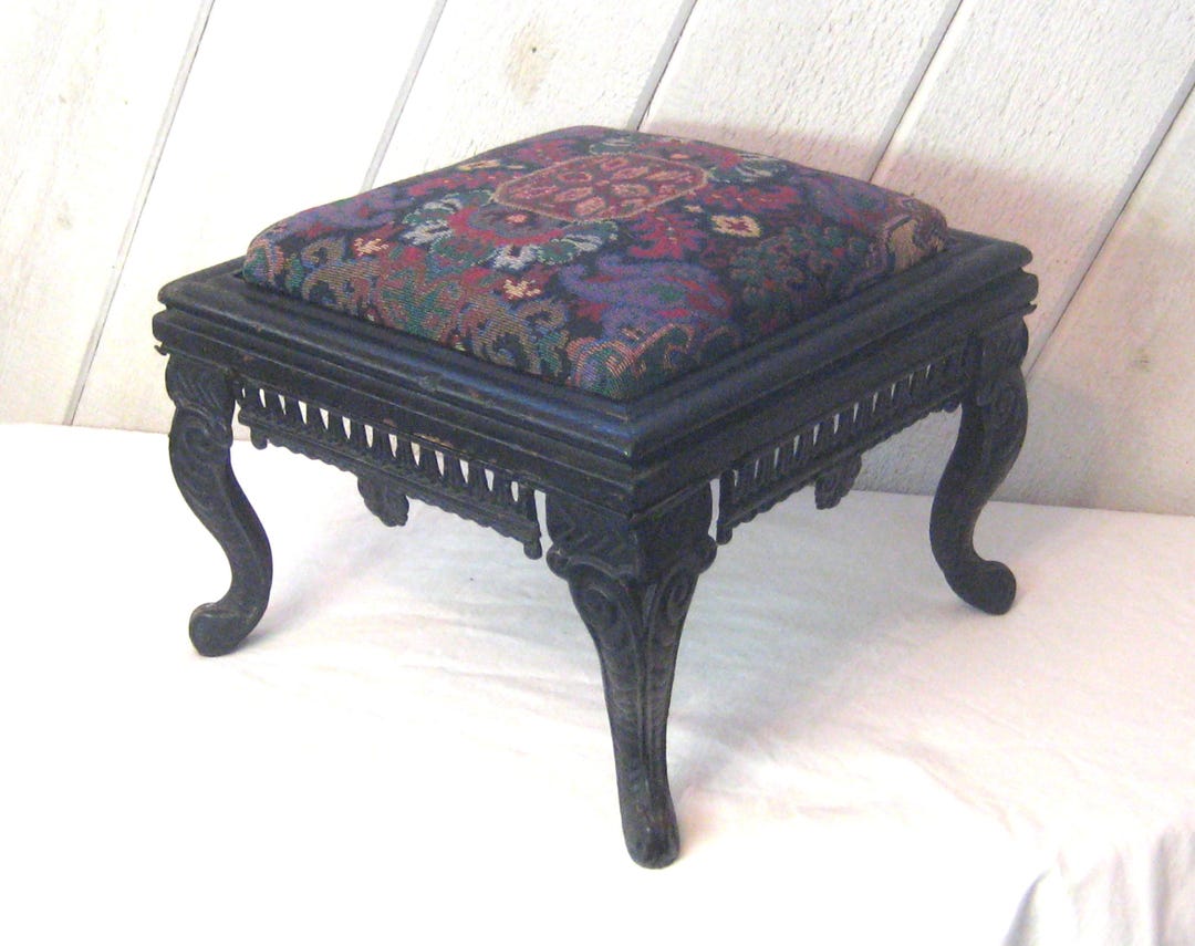 Antique Black Cast Iron Foot Stool, Padded Upholstered Moroccan Design ...