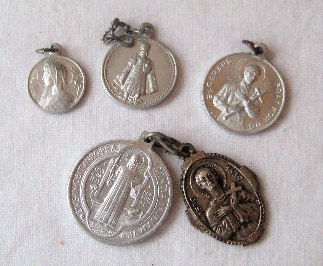Collection of 5 Silver Saint Medals, Antique Religious Charms, Madonna ...
