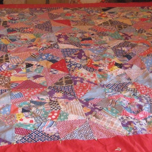 Antique Red Patchwork Quilt, Vintage Hand Made Tied, Colorful Geometric ...