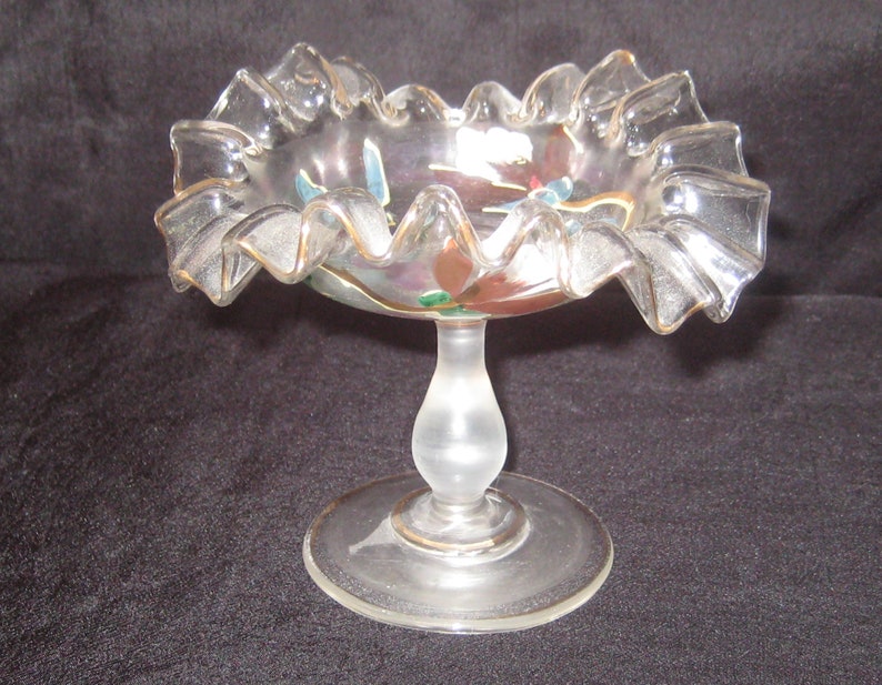 Antique Clear Blown Glass Ruffled Pedestal Bowl, Petite Small Raised ...