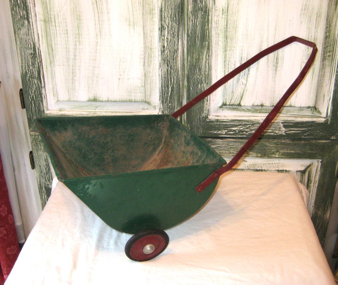 Antique Child's Wheelbarrow, Green Red Metal Medium Size, Garden Yard ...