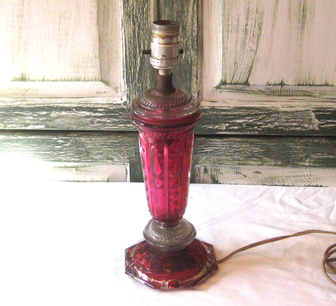Antique Red Glass Table Lamp, Clear Glass Heavy Chunky Base, Mid ...