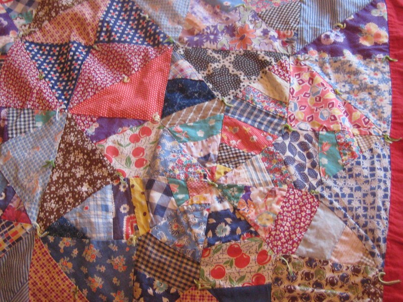 Antique Red Patchwork Quilt Vintage Hand Made Tied Colorful - Etsy