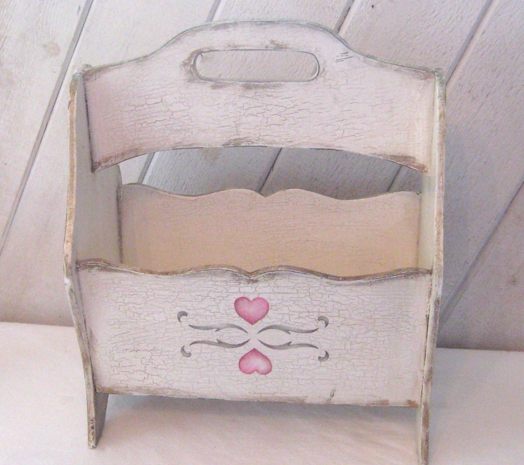 Vintage Wood Magazine Rack, Ivory Beige, Crackled Finish, Pink Rustic ...