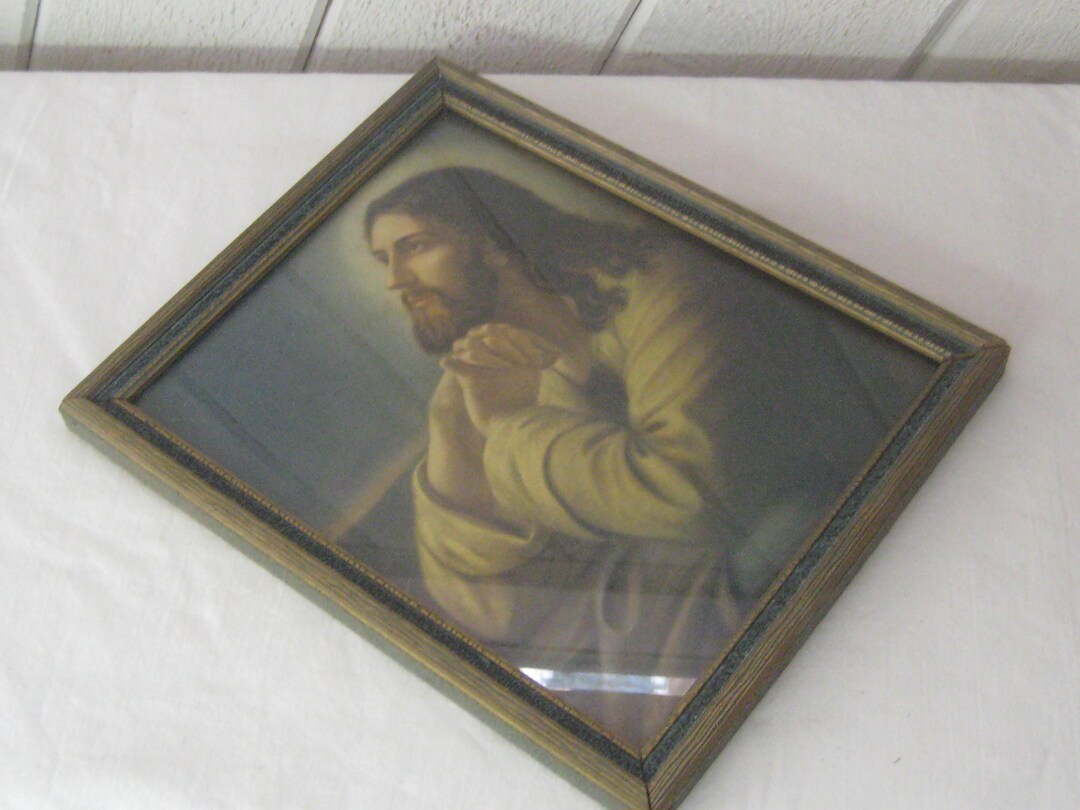 Antique Print Jesus Praying, Religious Framed Picture of Christ, 9 X 11 ...