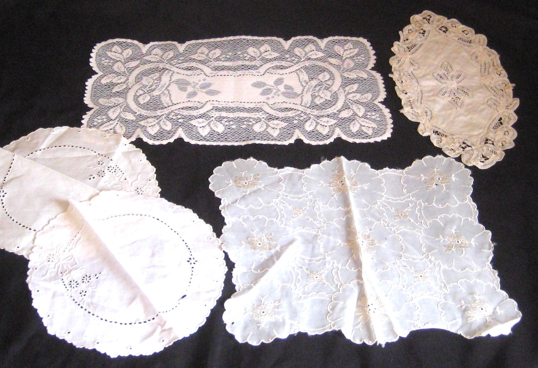 Collection of Vintage Doilies, White Lace Large Rectangle, Cream Round Eyelet, Ivory Beige ...