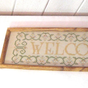 Vintage Embroidered Welcome Sign, Cross Stitch Farmed Wall Sign Beige ...
