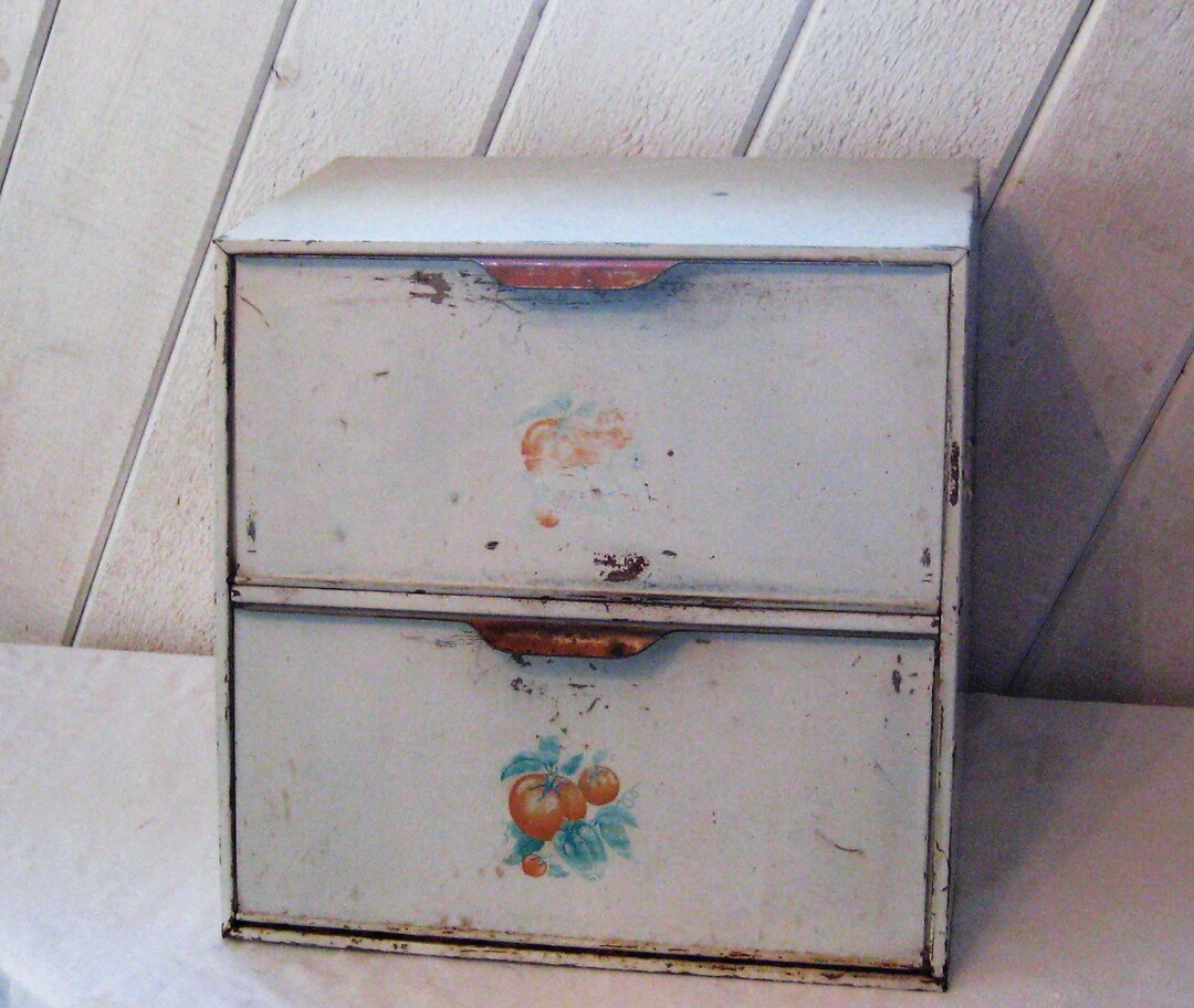 Two Tiered Metal Bread Box, Mid Century, Antique Tin Bread Box, Ivory ...