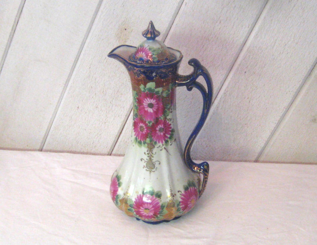 Antique Chocolate Pot Pitcher, Cobalt Blue Dark Pink Raspberry Hand ...