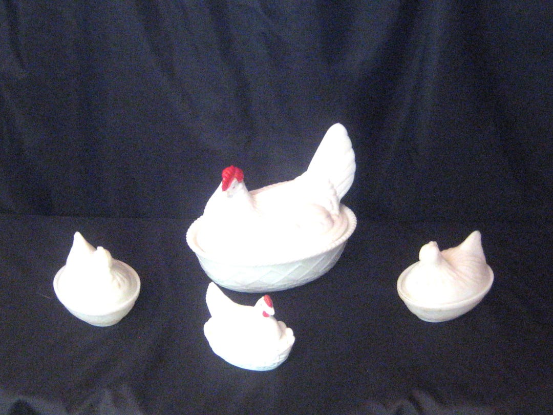 Antique Milk Glass Large Hen on Nest, White Opaque Medium Small Size ...