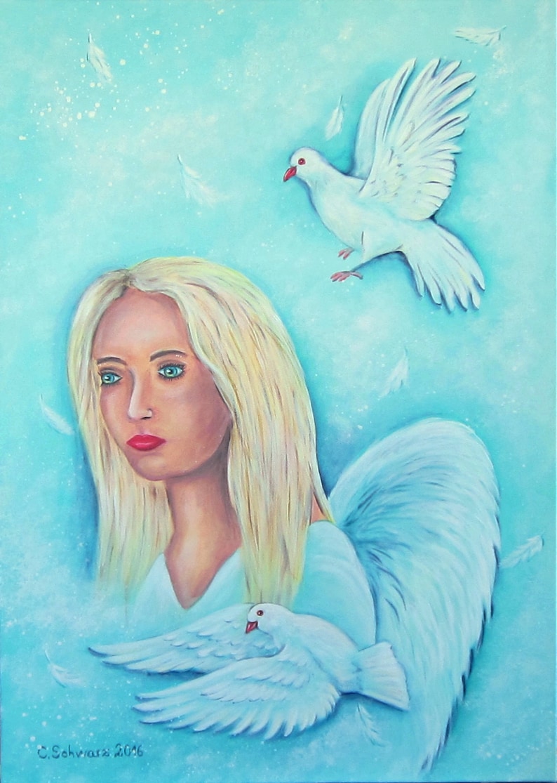 Acrylgemälde "Heaven" - Engel Kunst Bild Unikat Tauben Gemalt 50cmx70cm ...