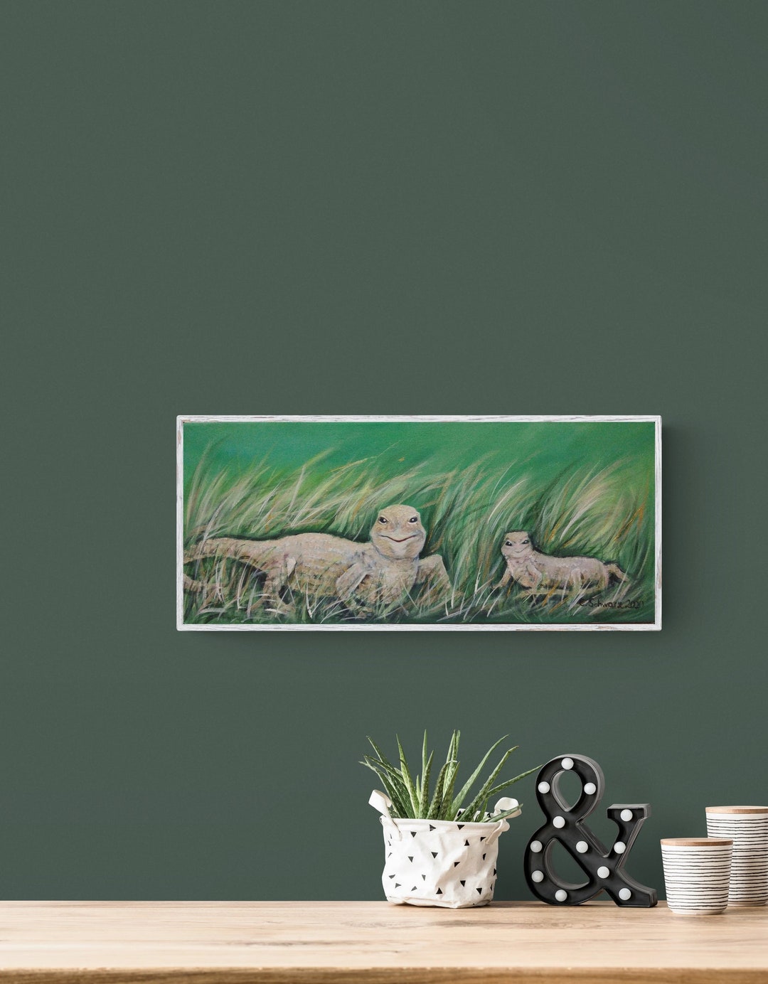 LIZARDS Acrylic Painting on Canvas 70cmx30cm Green With Gold-colored ...