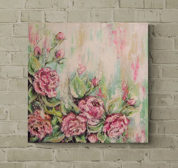 SOFT PINK ROSES Romantic Flower Painting With Glitter | Etsy