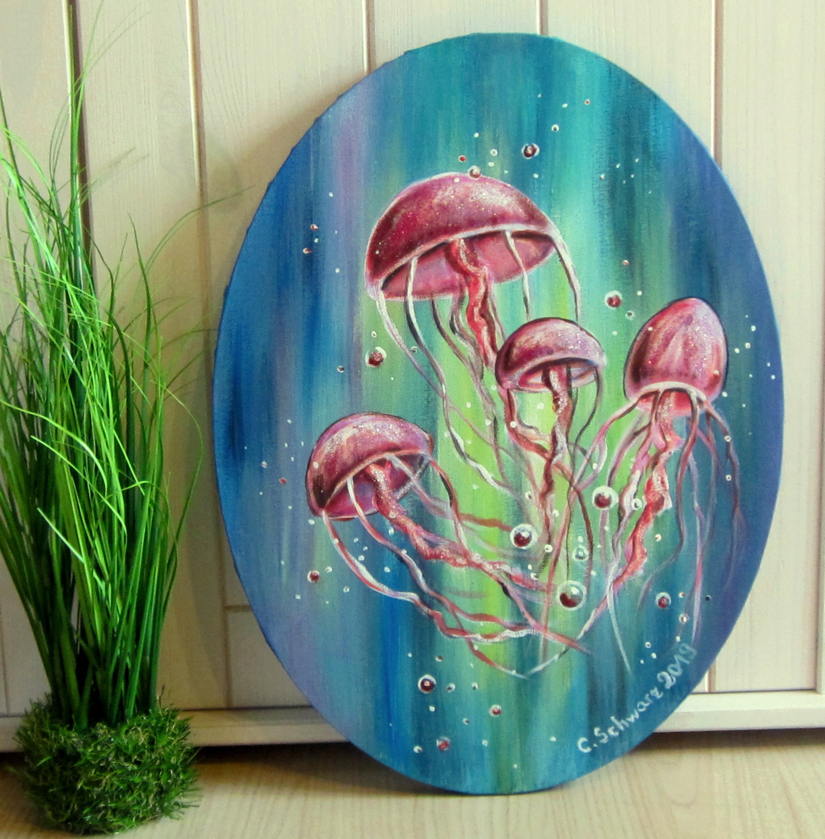 Acrylic Painting GLITTER JELLYFISH Oval Canvas - 30cmx40cm, Art ...