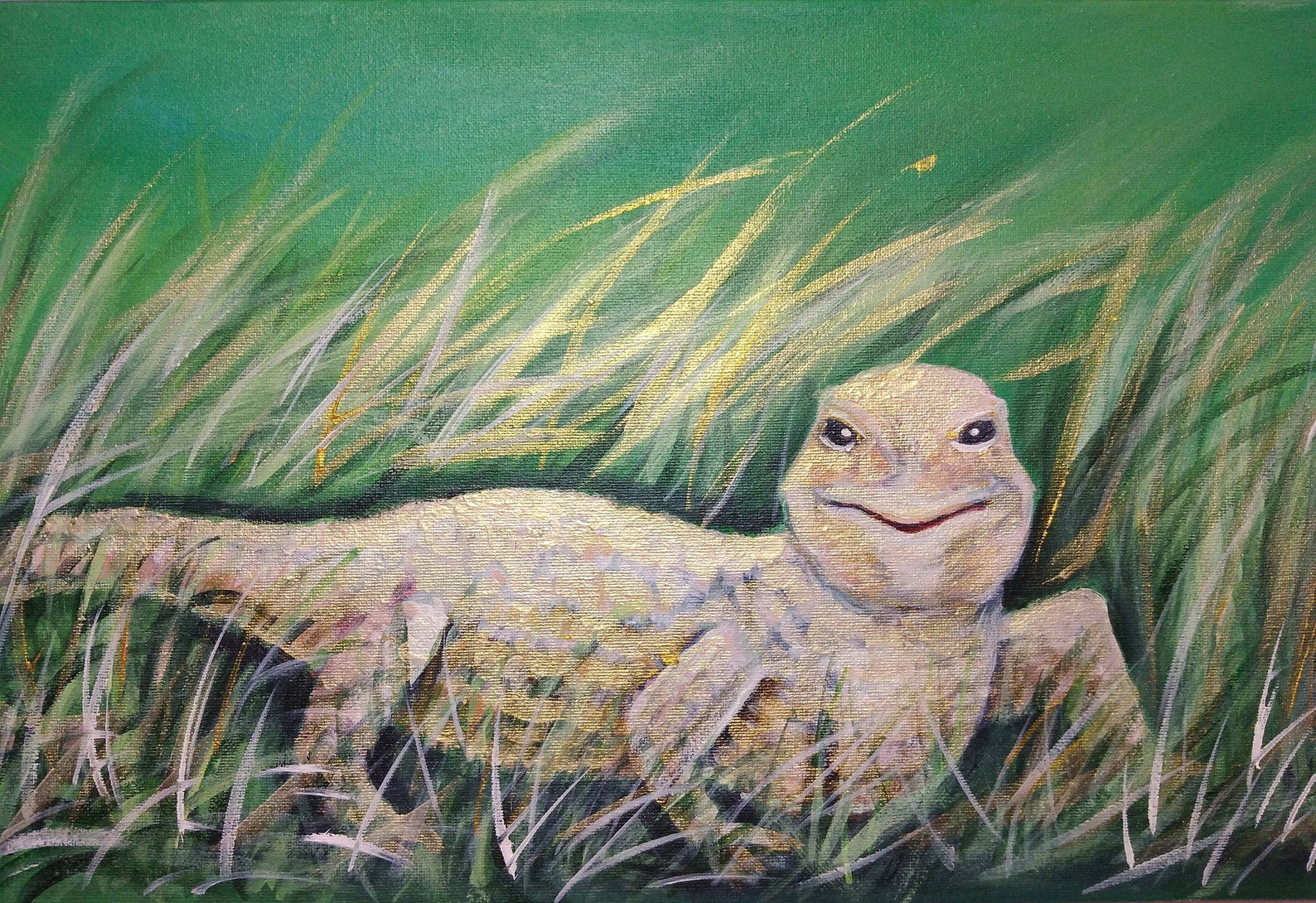 LIZARDS Acrylic Painting on Canvas 70cmx30cm - Green With Gold-colored ...