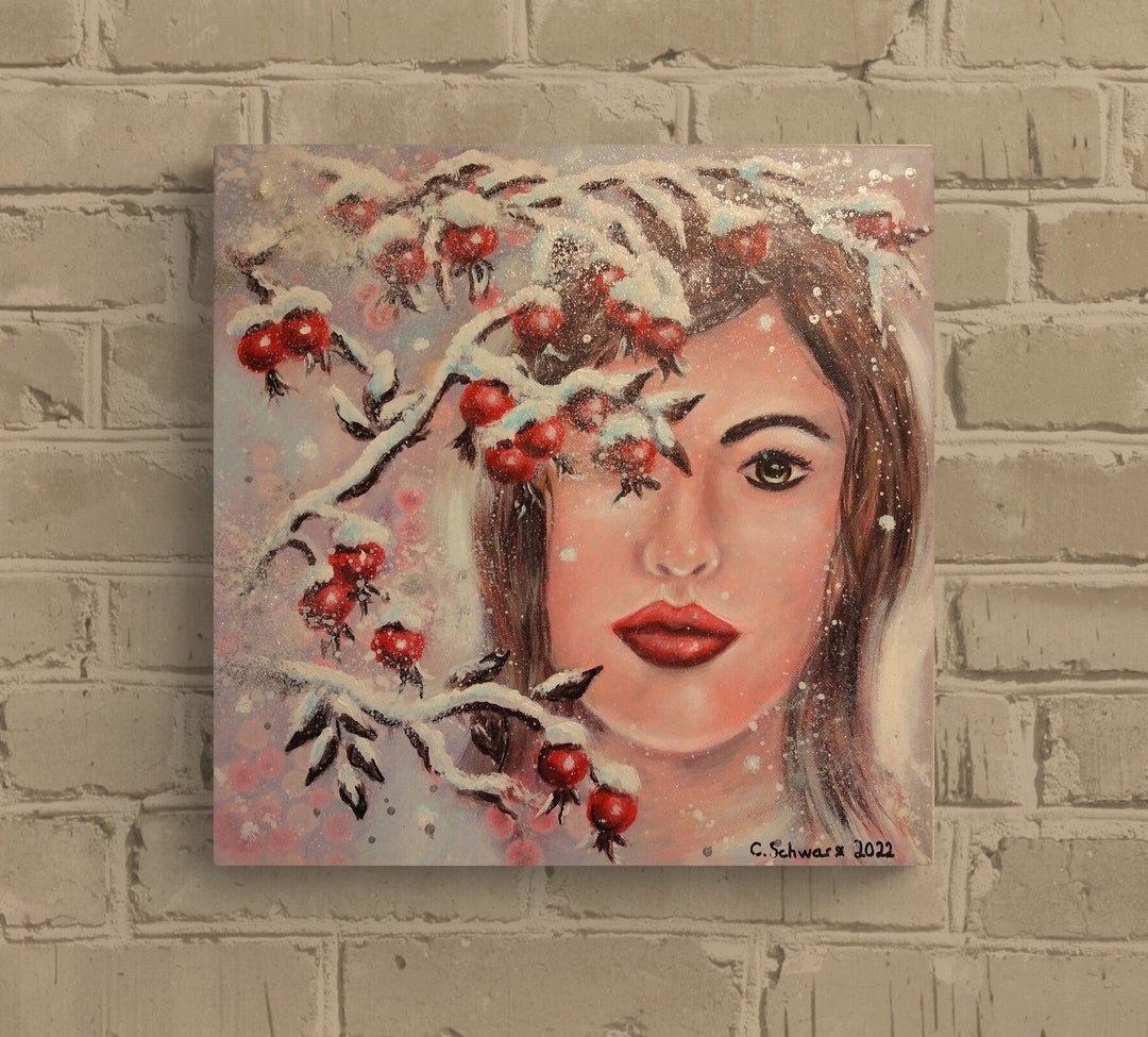 WINTER FAIRY TALE Winter Acrylic Painting With Snowy Rose Hips and Face ...