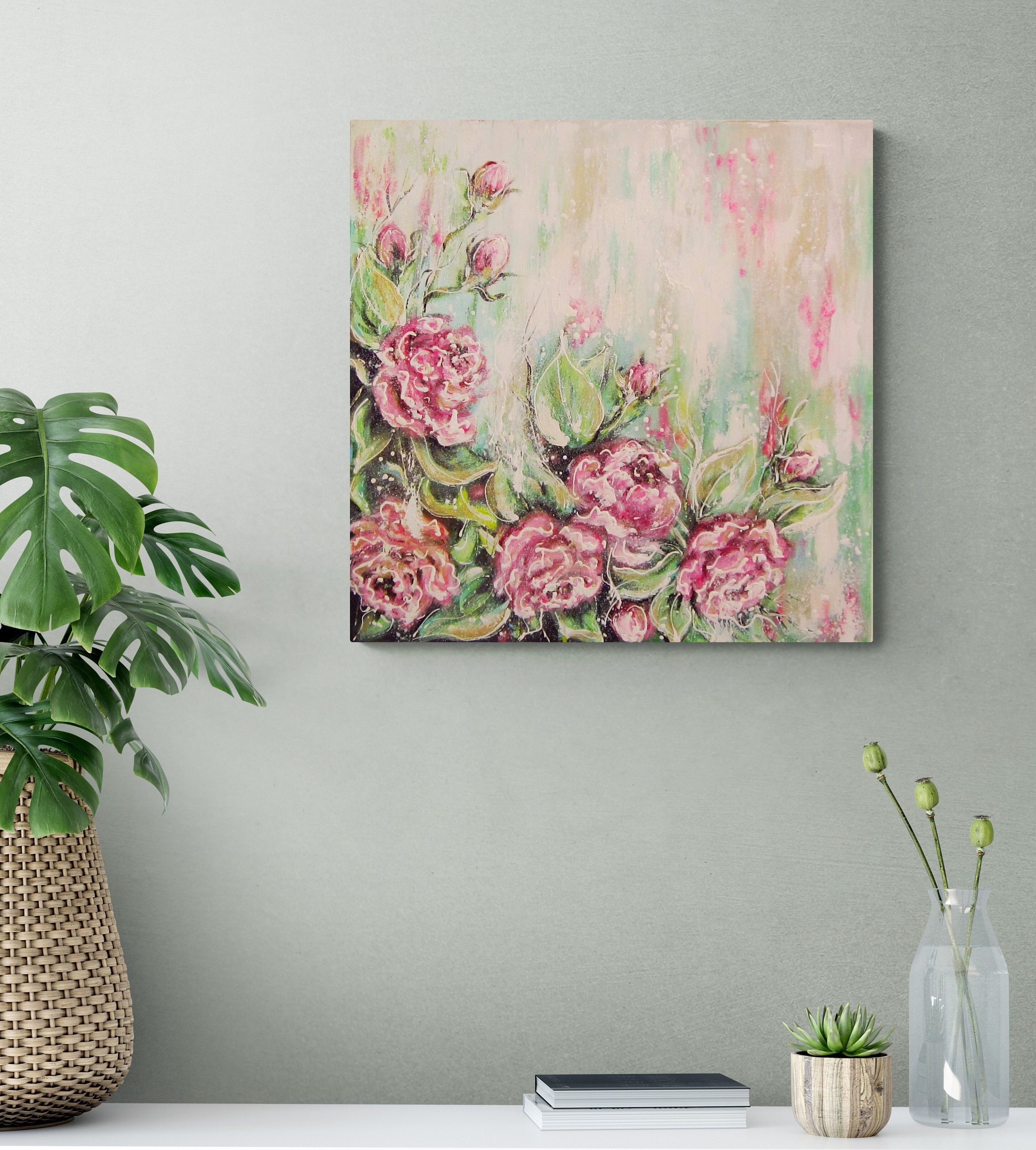 SOFT PINK ROSES - Romantic Flower Painting With Glitter 60cmx60cm - Etsy