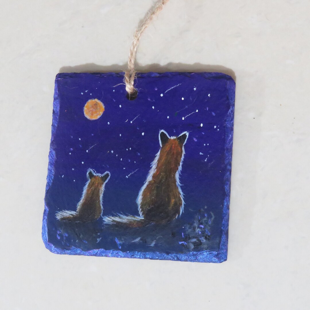 Fox and Full Moon Painting , Fox Painting on Slate ,fox Wall Hanging ...