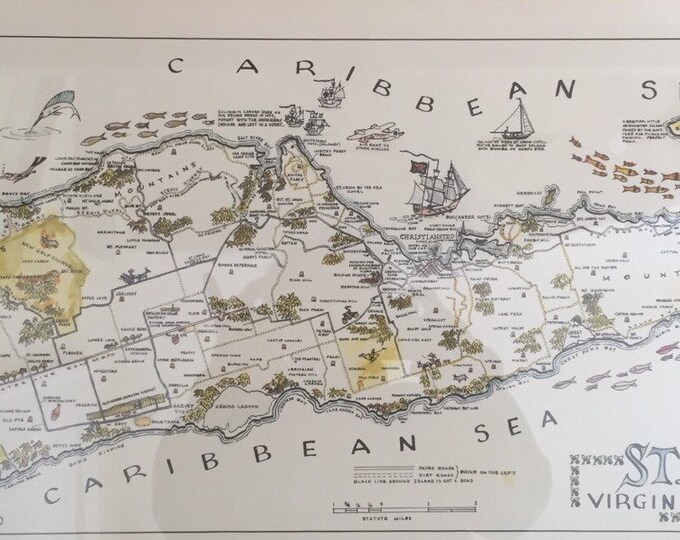 Midcentury Map of St. Croix, Hand Drawn by Toby Schoyer, Virgin Islands ...