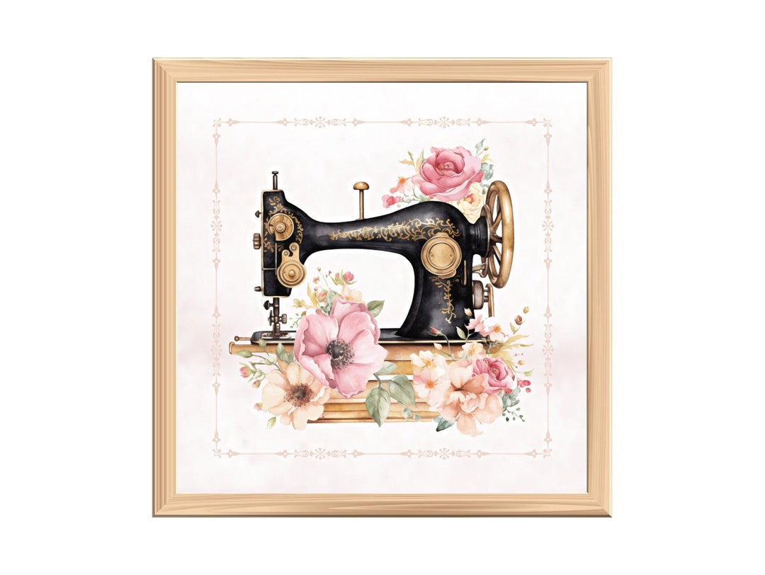 Vintage Sewing Machine Printable Wall Art, Square Print, DIY Greetings ...