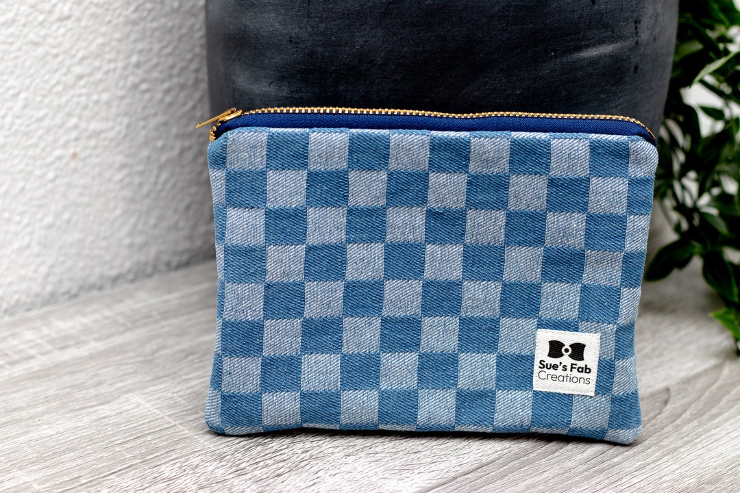 Custom Initial Denim Zipper Pouch: Checkered Blue Cotton Bag - Etsy