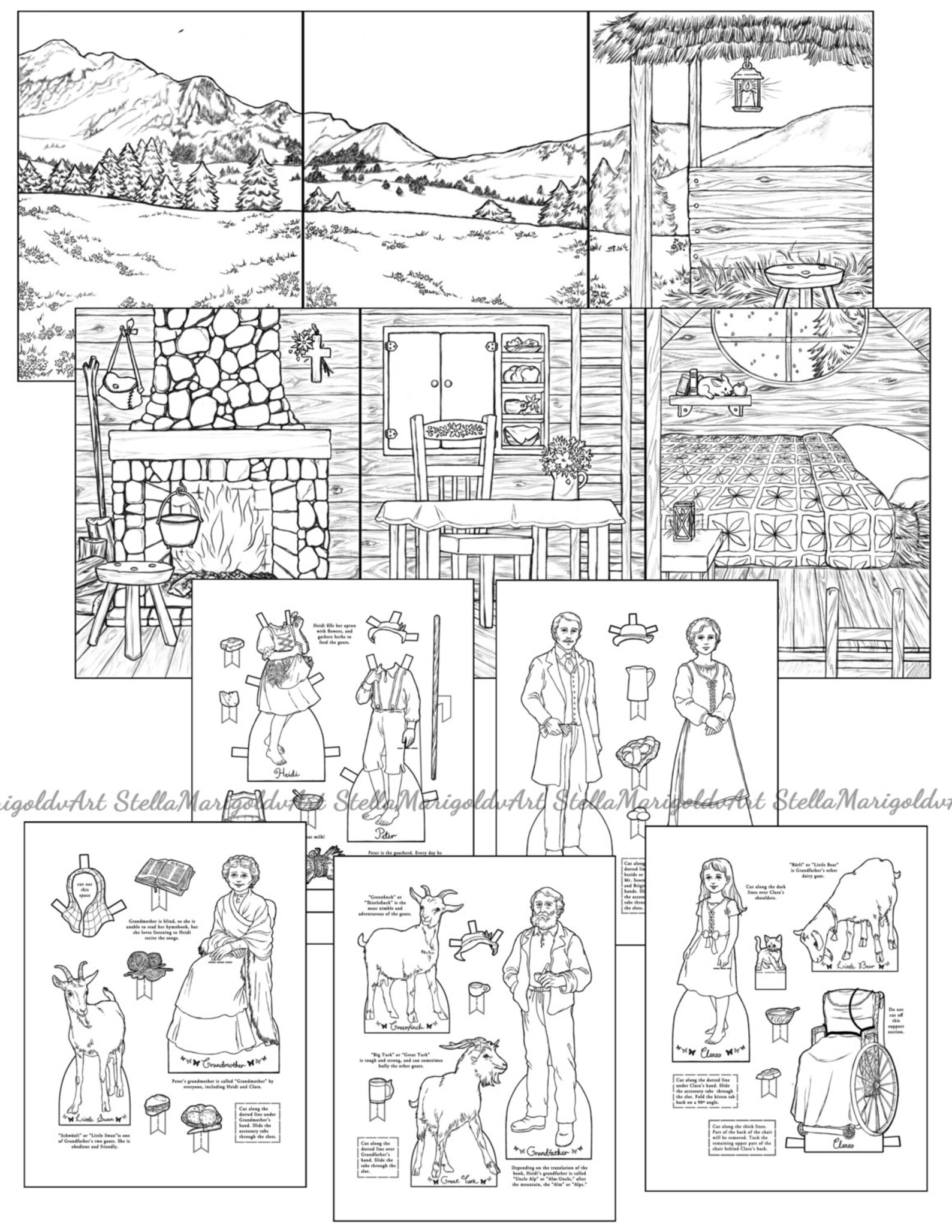 Digital Download - Heidi Paper Dolls - Complete Set in Black and White ...