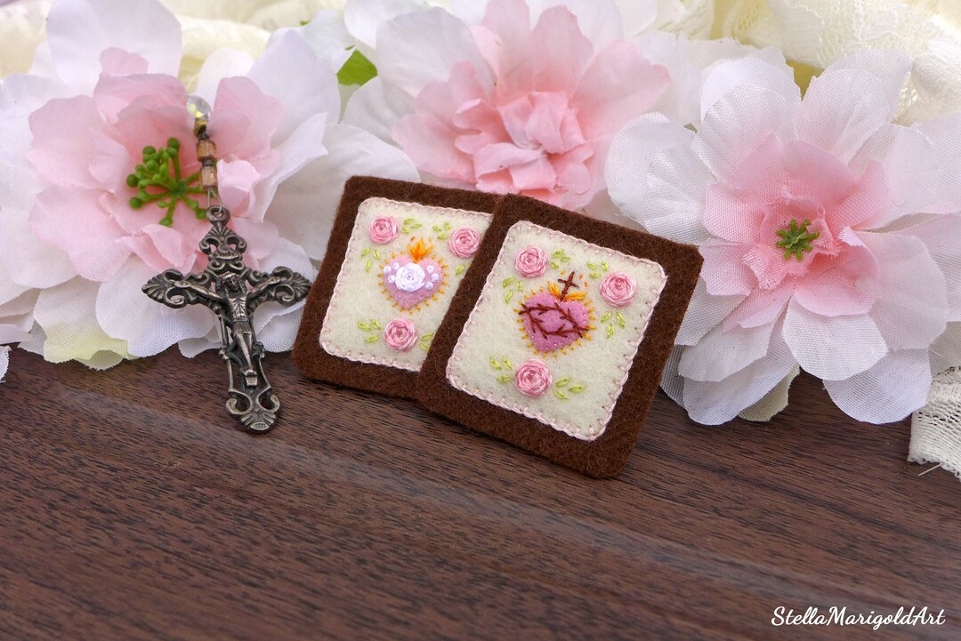 Hand Embroidered Brown Scapular, Sacred Heart and Immaculate Heart ...