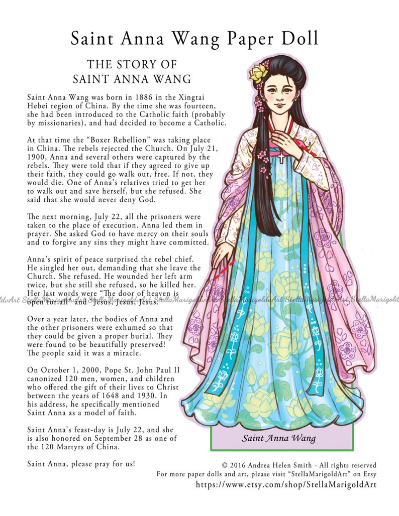 Digital Download Saint Anna Wang Paper Doll color and Bnw - Etsy