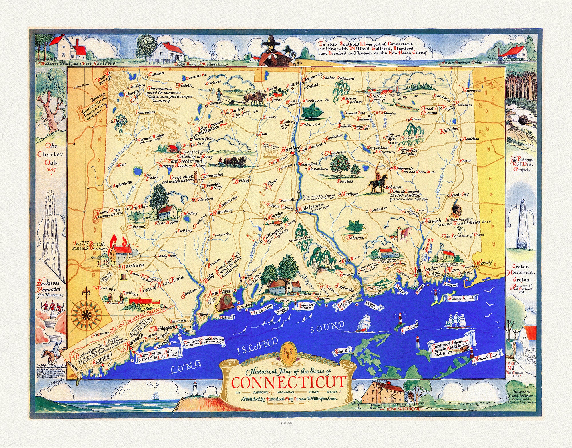 Connecticut A Historical Map of the State 1937 Map on - Etsy UK