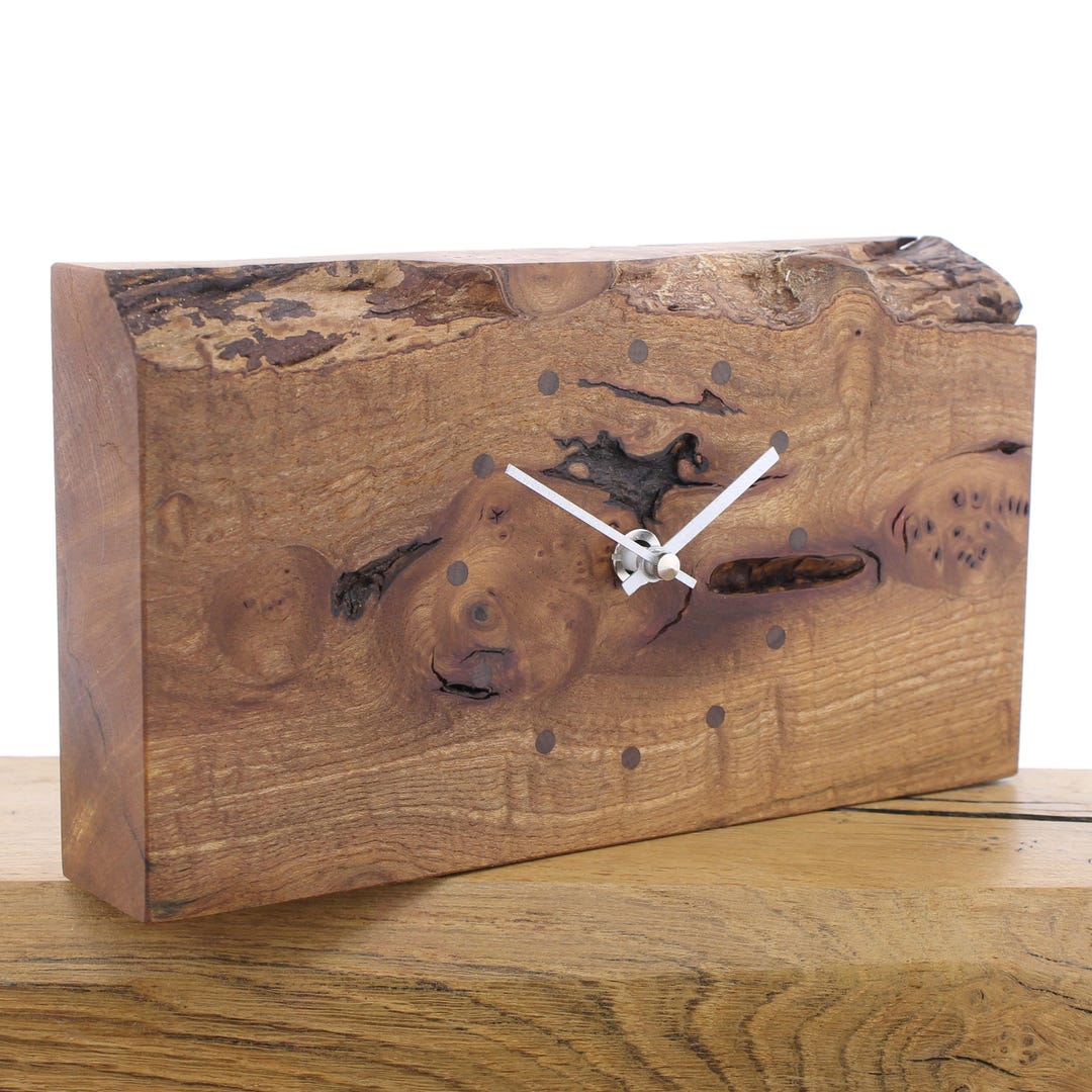Rustic English Elm Mantel Clock With Recessed Walnut Studs - Wooden ...