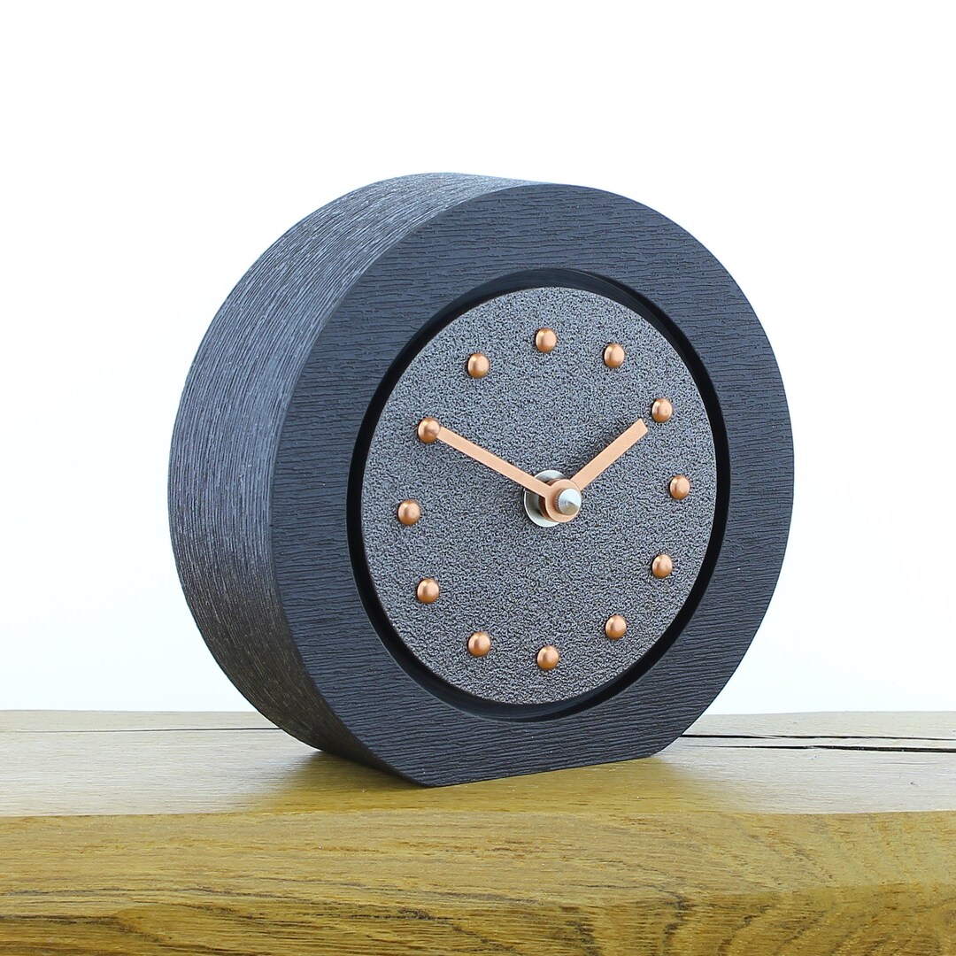 Round PEWTER Colour Faced Mantel Clock Black Coloured Frame COPPER ...