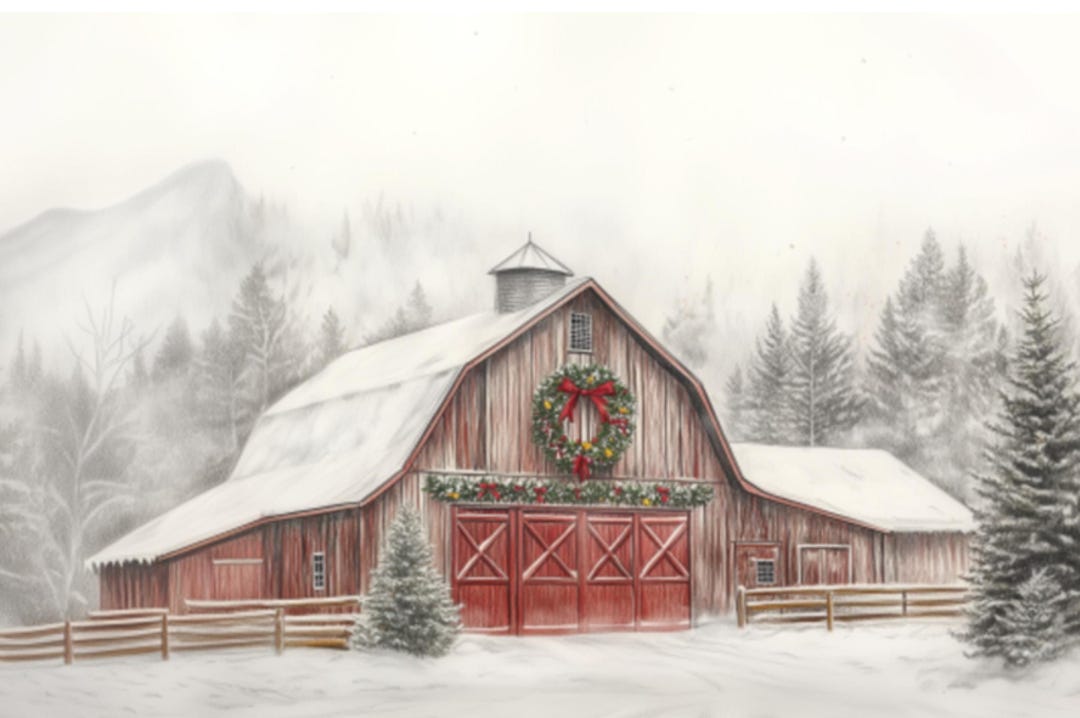 Rustic Holiday Barn With Wreath in Snow Scene Canvas Wall Art Print ...