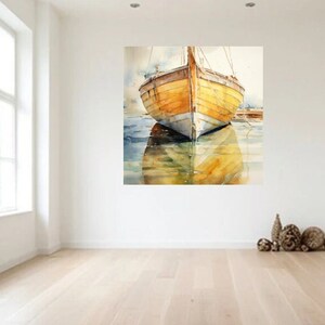 Rustic Yellow Wooden Boat Watercolor Print Wall Art for Beach House or ...