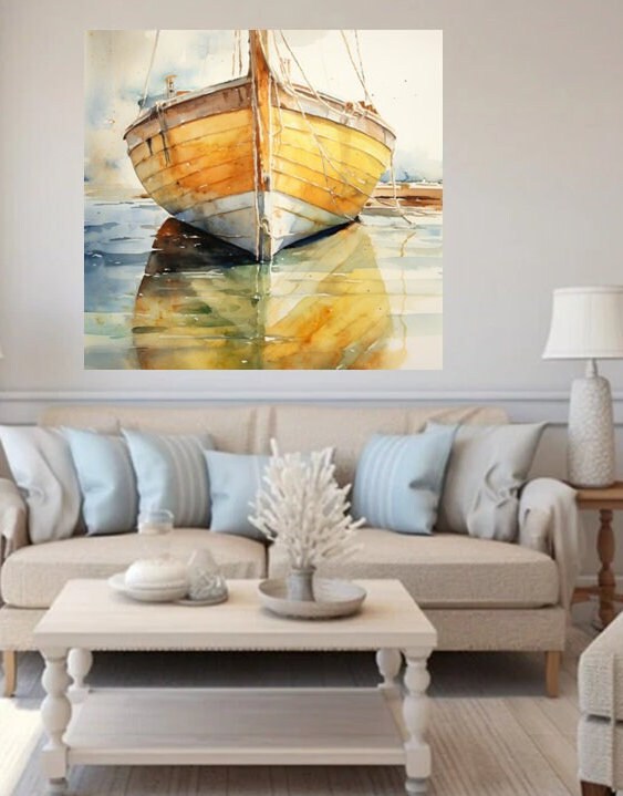 Rustic Yellow Wooden Boat Watercolor Print Wall Art for Beach House or ...