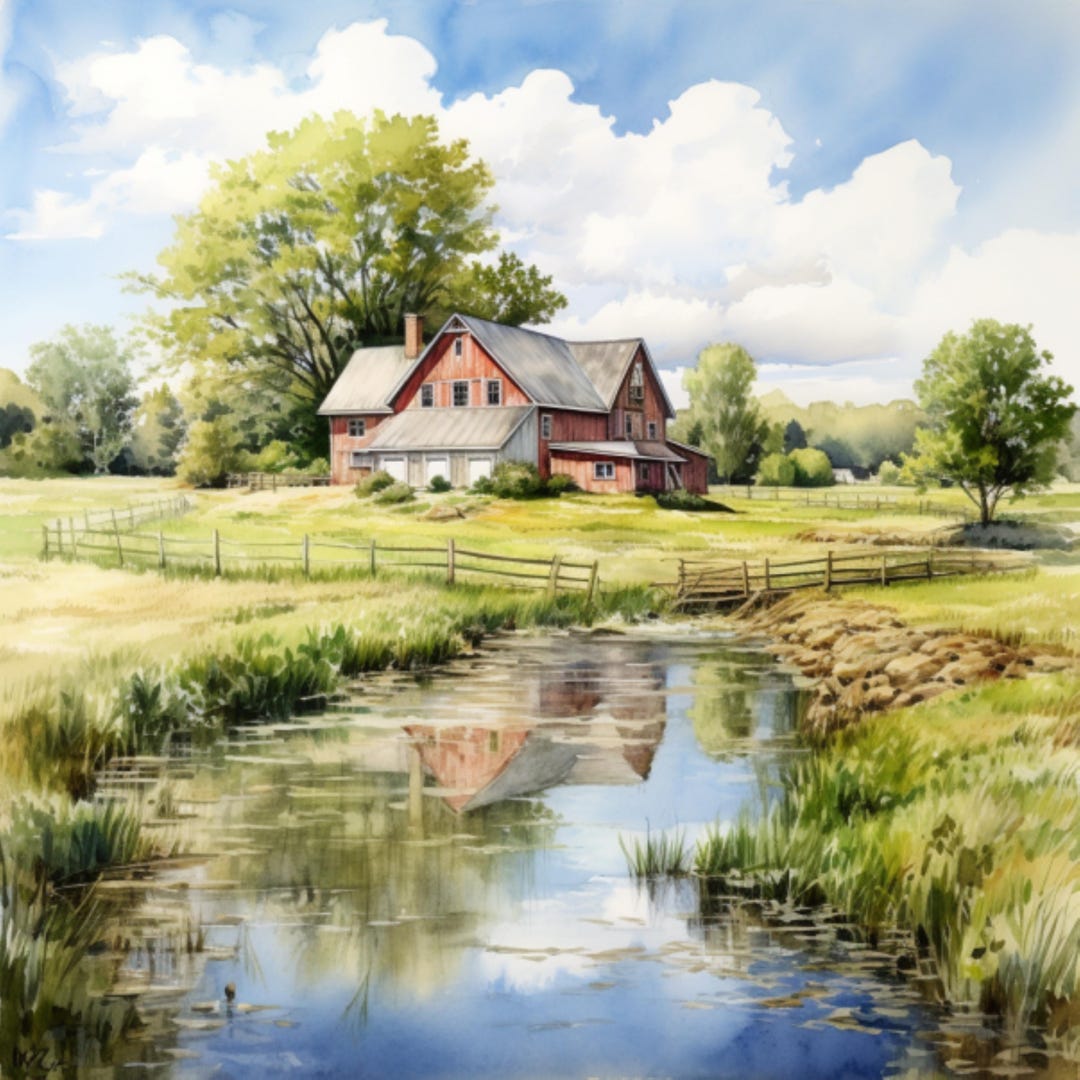Classic Barn and Pasture Watercolor Canvas Print Wall Art Perfect as a ...