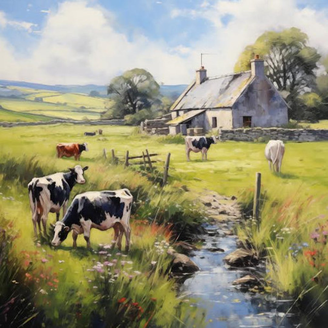 Irish Field With Cows and Cottage Watercolor Canvas Wall Art Print ...