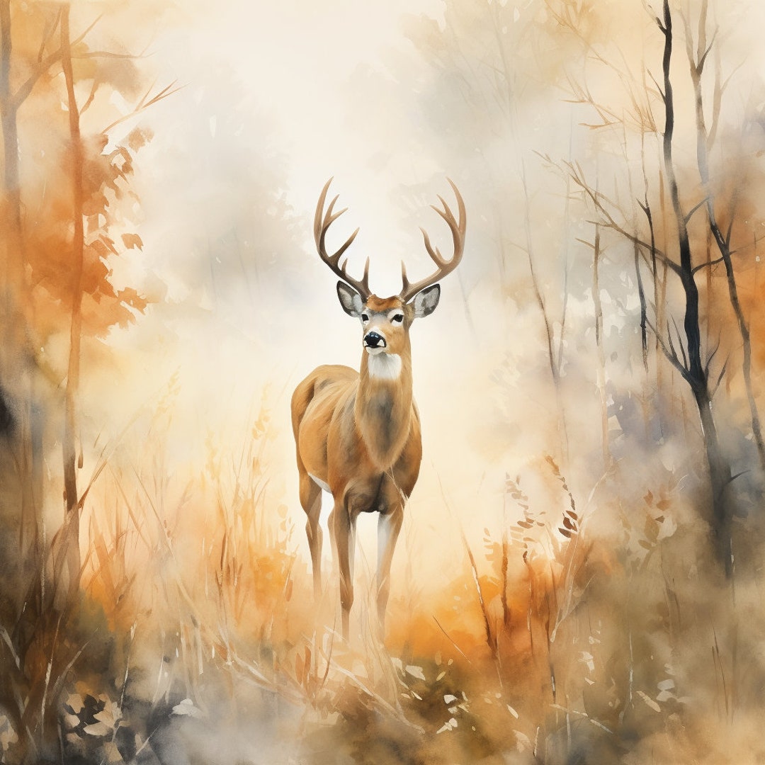 Whitetail Deer on a Foggy Morning Wilderness Watercolor Canvas Print Wall Art Perfect Cabin ...