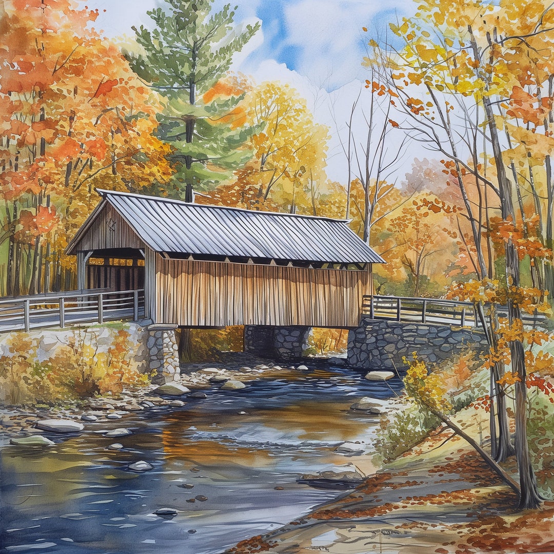Covered Bridge Watercolor Canvas Print, Stream Landscape Wall Art - Etsy