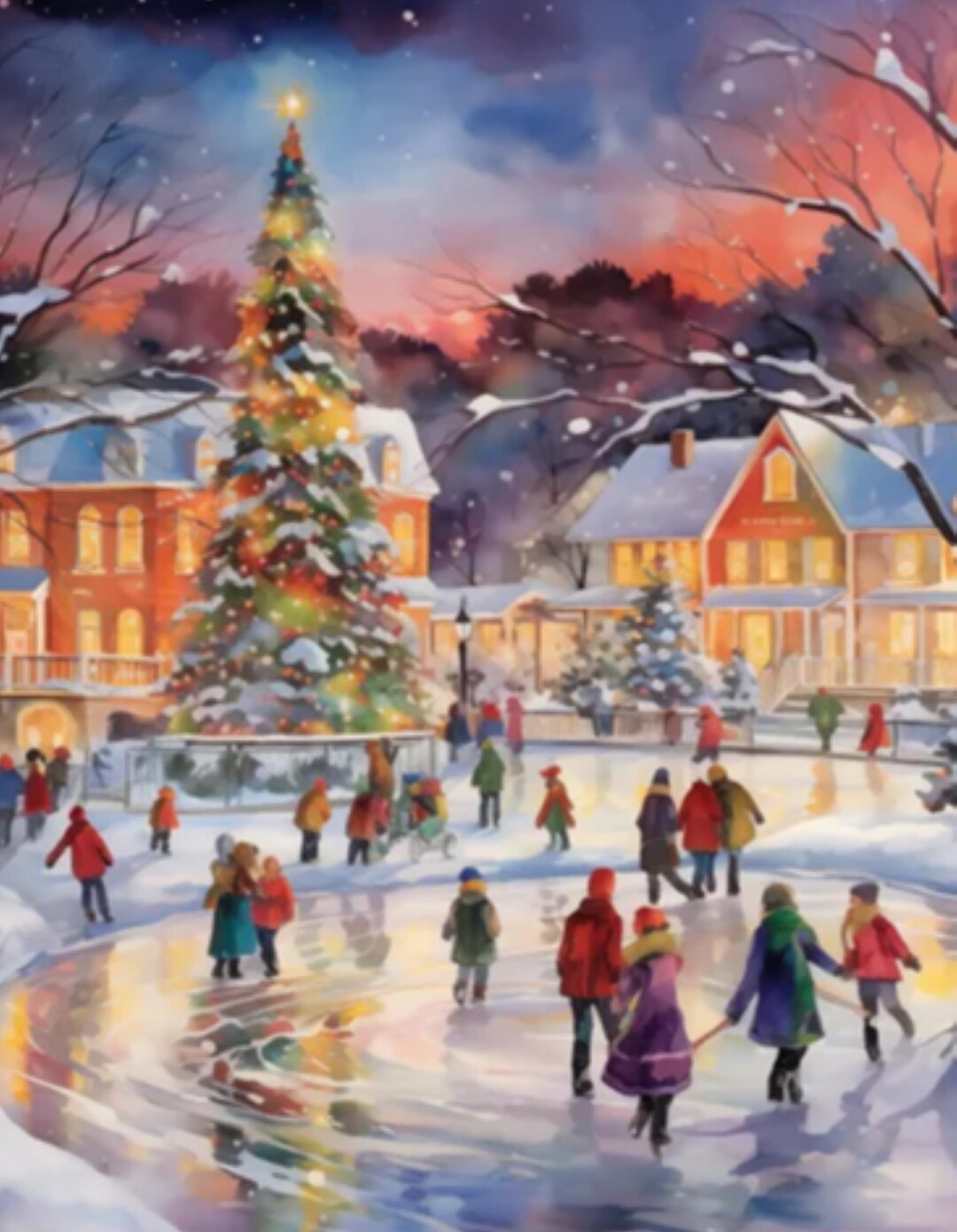Christmas Townscape Canvas Print: Ice Skating, Holiday Lights - Etsy