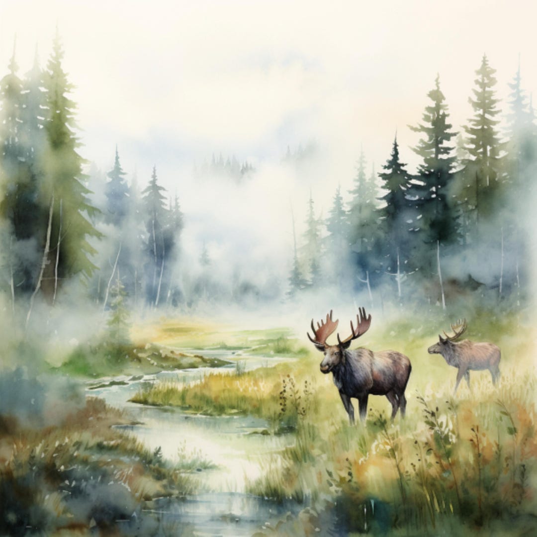 Moose Watercolor Print Canvas Wall Art Standing in a Peaceful Meadow ...