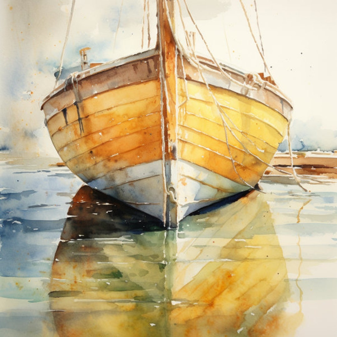 Rustic Yellow Wooden Boat Watercolor Print Wall Art for Beach House or ...